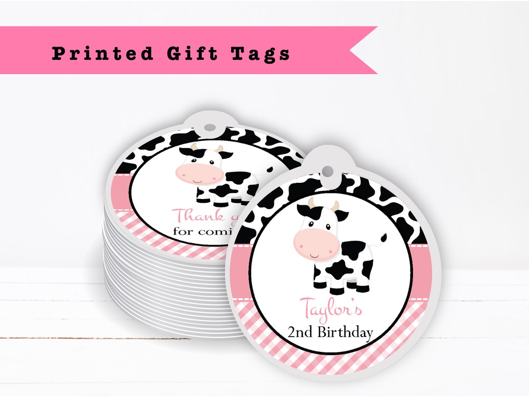 Little Cow Baby Girl Pink Cow Print Gingham Pattern PRINTED GIFT TAGS ...