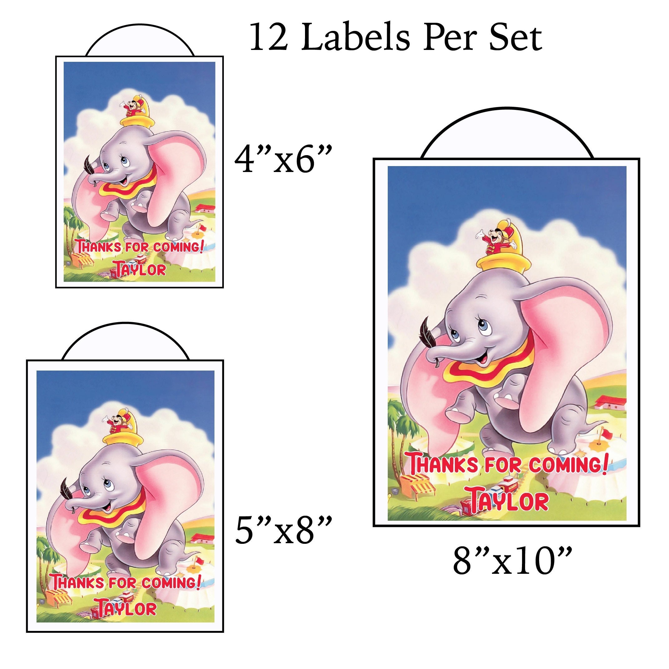 Dumbo Elephant - PRINTED GLOSSY LABELS - for Party Favor Bags, Gable ...
