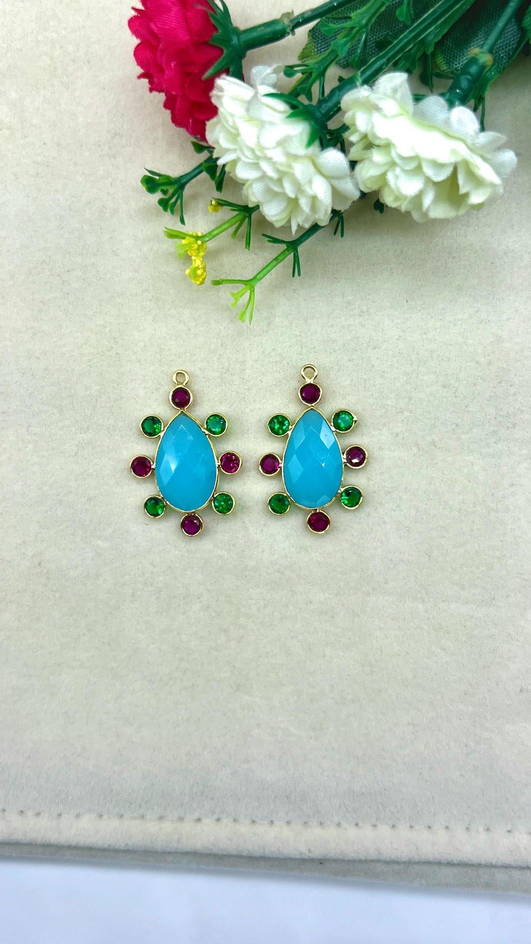 Teardrop Peru Chalcedony Connector Pendant: Gold Plated Zirconia ...