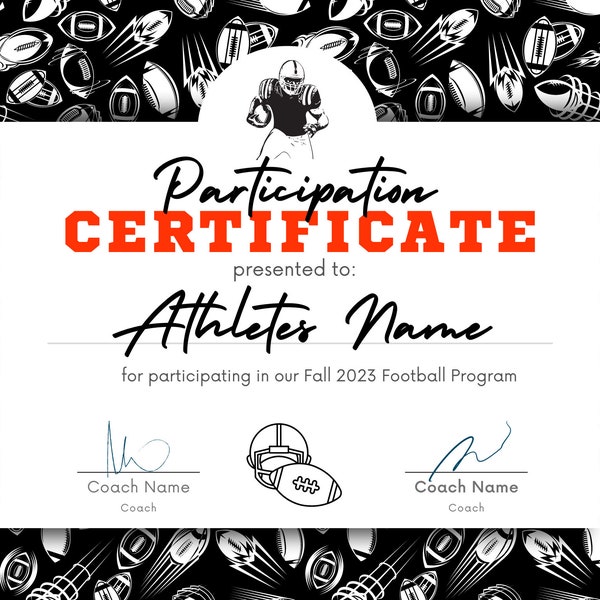 Football Certificate of Participation Template - Etsy