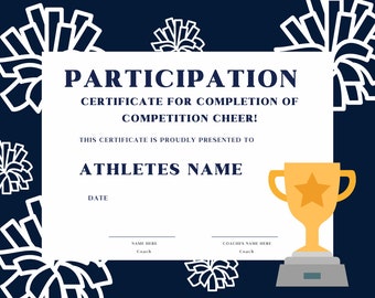 Cheer Participation Certificate Template - Etsy