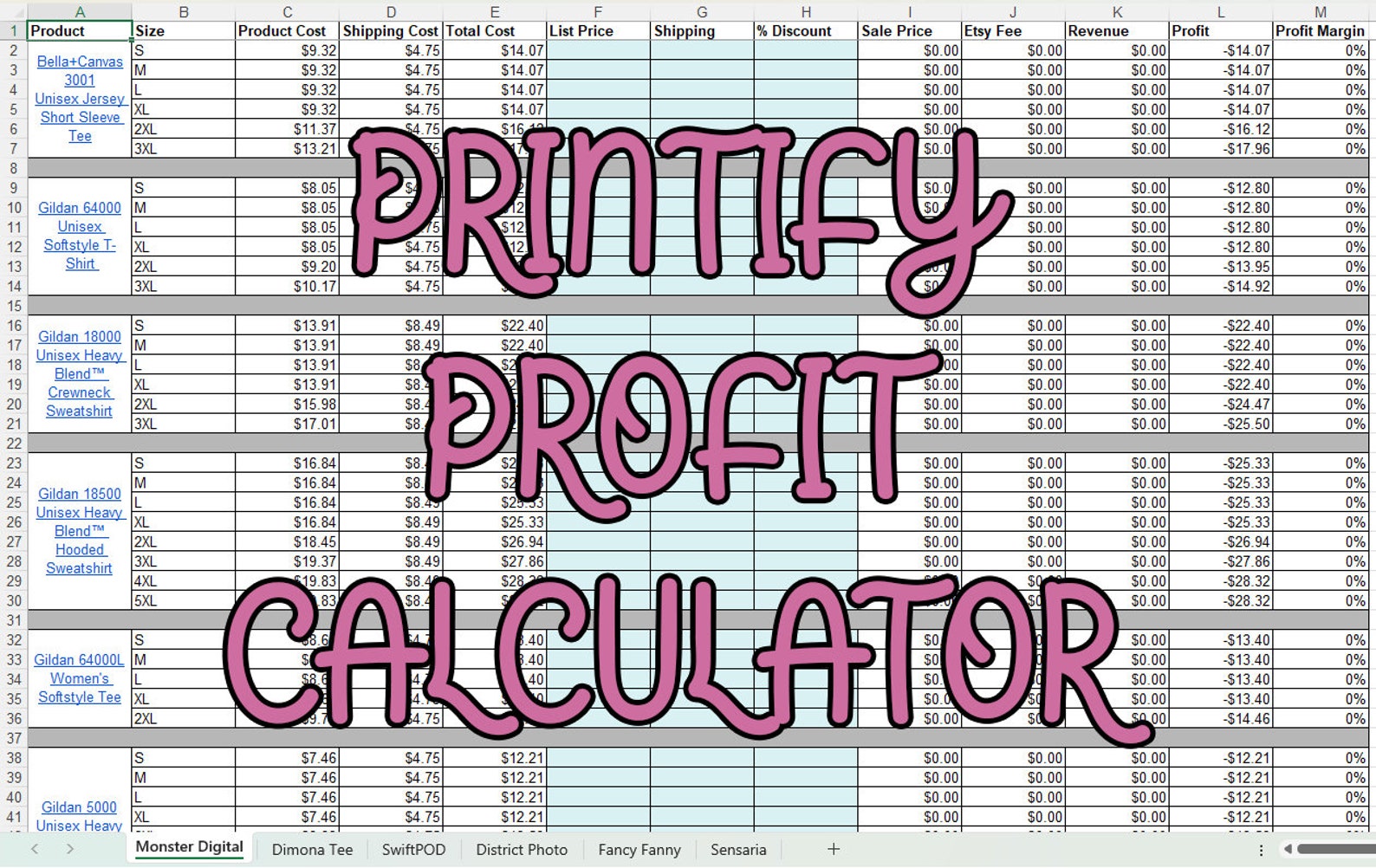 Simple Printify Profit Calculator Spreadsheet Instant Download - Etsy