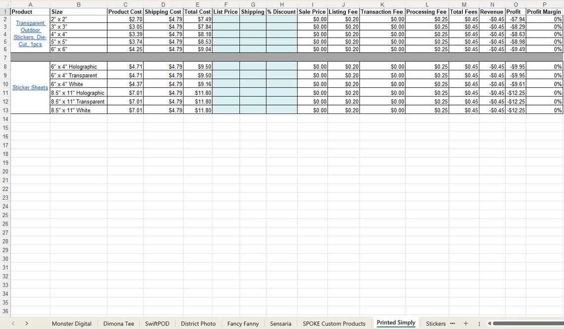 Simple Printify Profit Calculator Spreadsheet Instant Download - Etsy