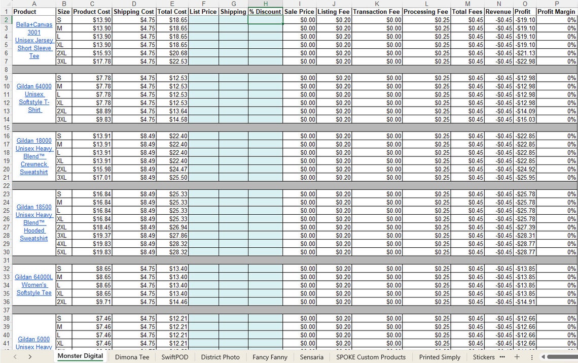 Simple Printify Profit Calculator Spreadsheet Instant Download - Etsy ...
