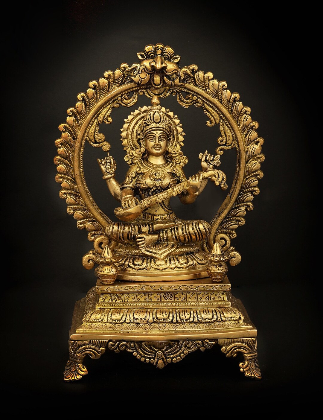 13 Seated Veenadhari Devi Saraswati on A High Plinth in Brass Handmade ...