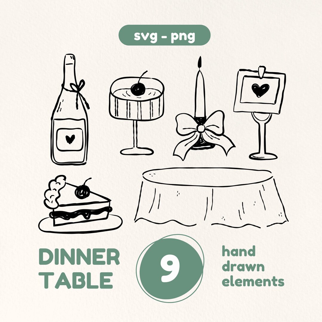 Hand Drawn Dinner Clipart SVG - Cute Beverage, Decor & Cake Line Art ...
