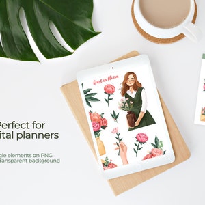 Planner Girl Clipart, Printable Botanical Stickers Digital Sticker Pack ...