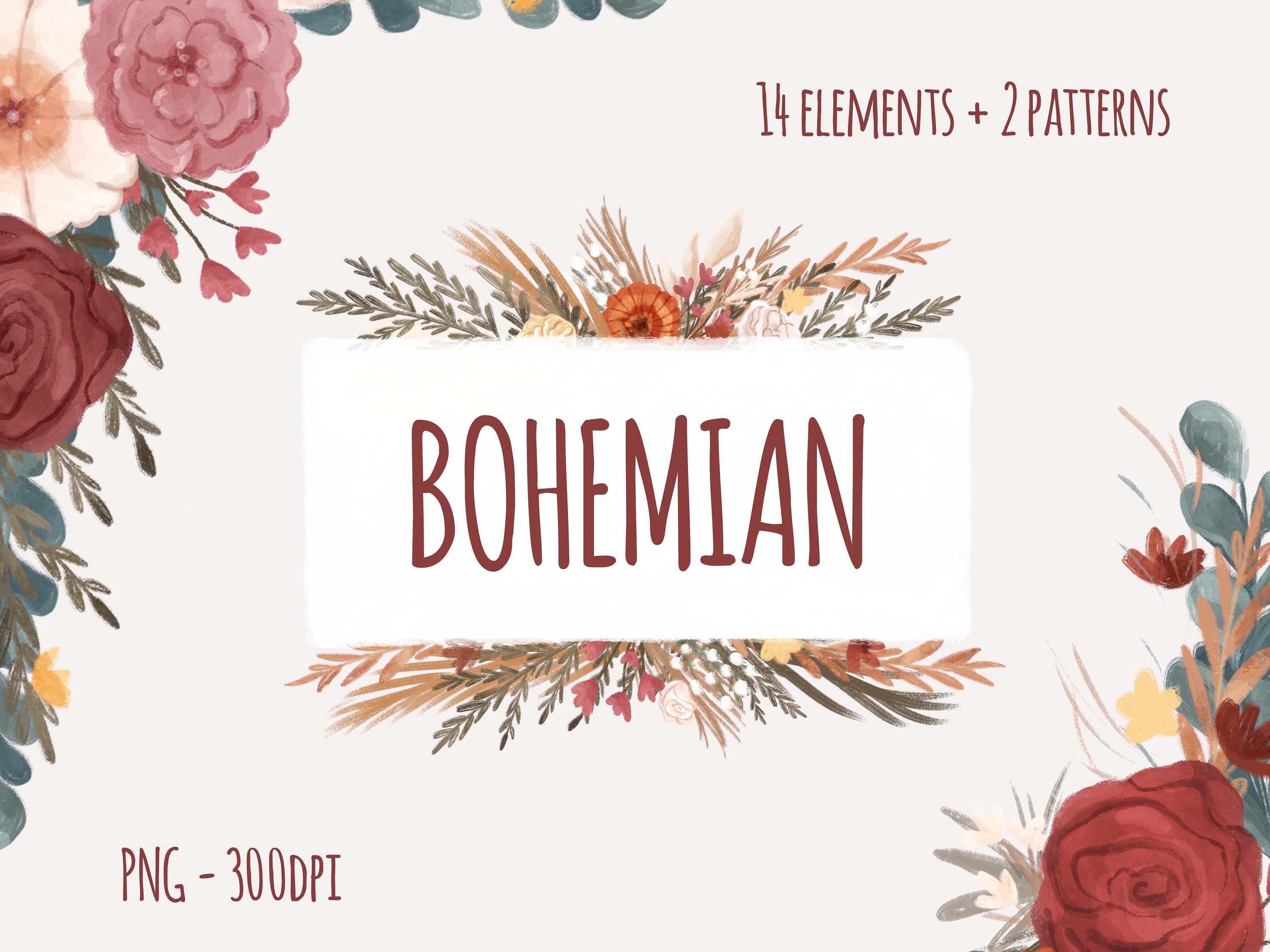 Boho Flowers Clipart. Rustic Dried Flowers Borders, Frames ...