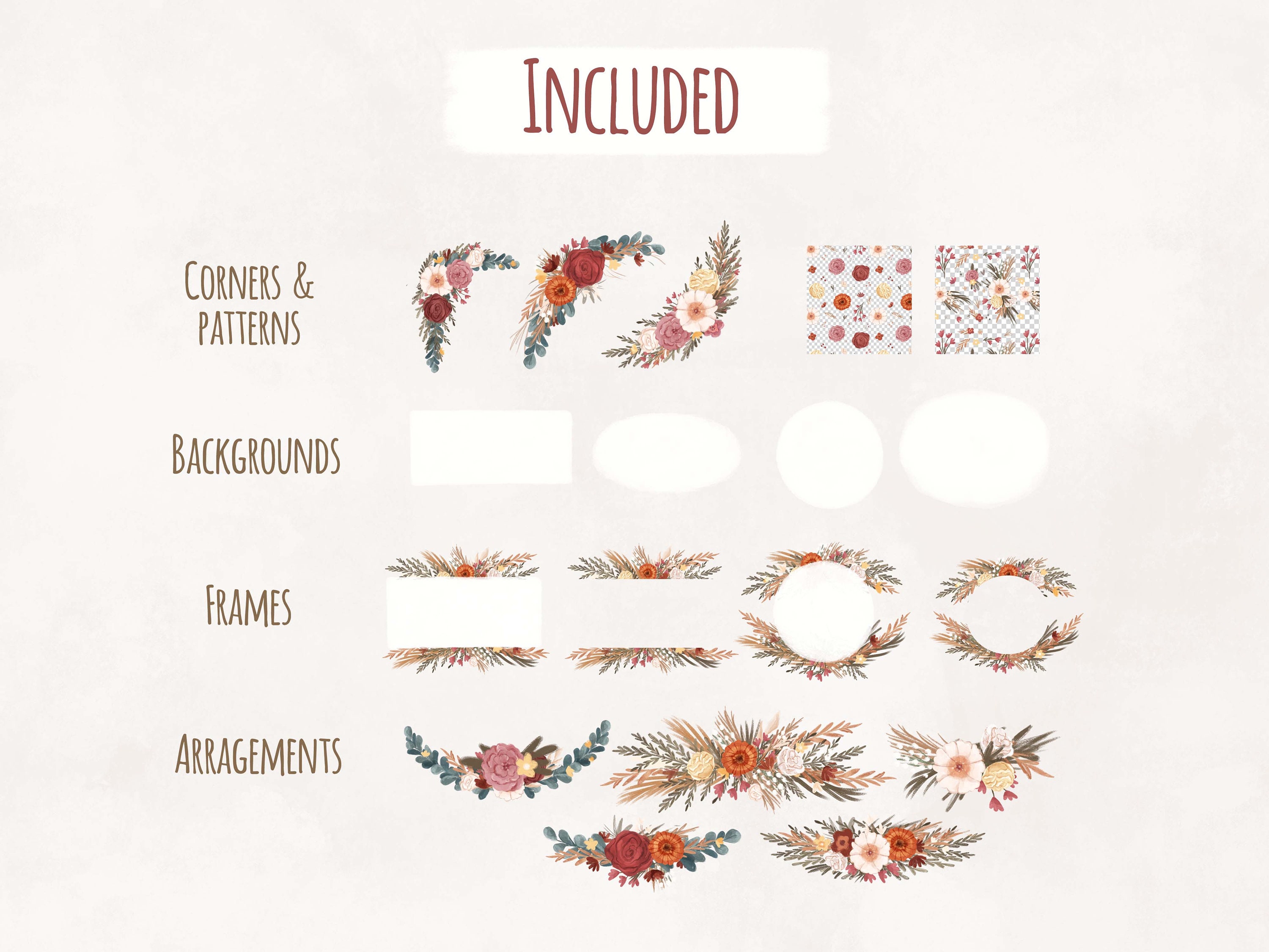 Boho Flowers Clipart. Rustic Dried Flowers Borders, Frames ...