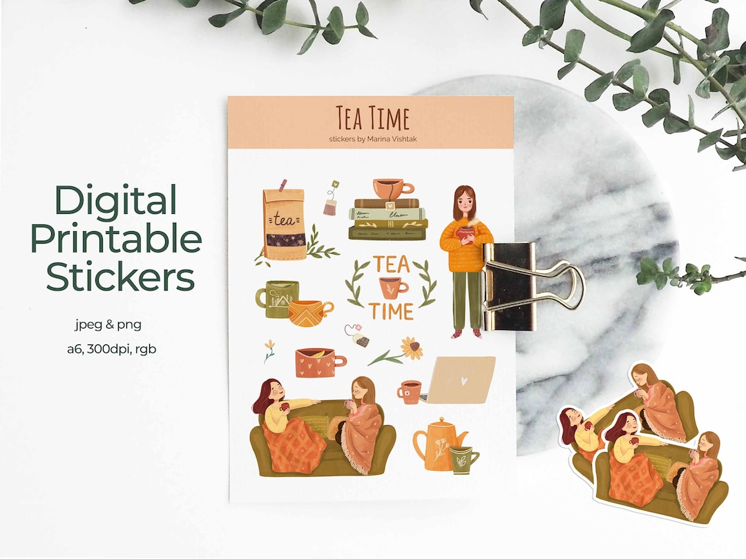 Tea Time Stickers. Printable Sticker Sheet With Cut Files for Print and ...
