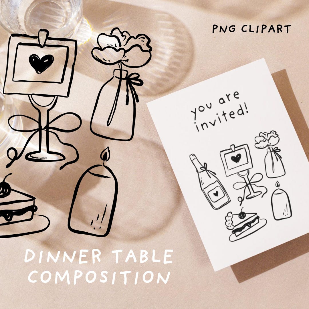 Hand Drawn Dinner Table Clipart PNG, Dinner Party SVG, Birthday Outline ...