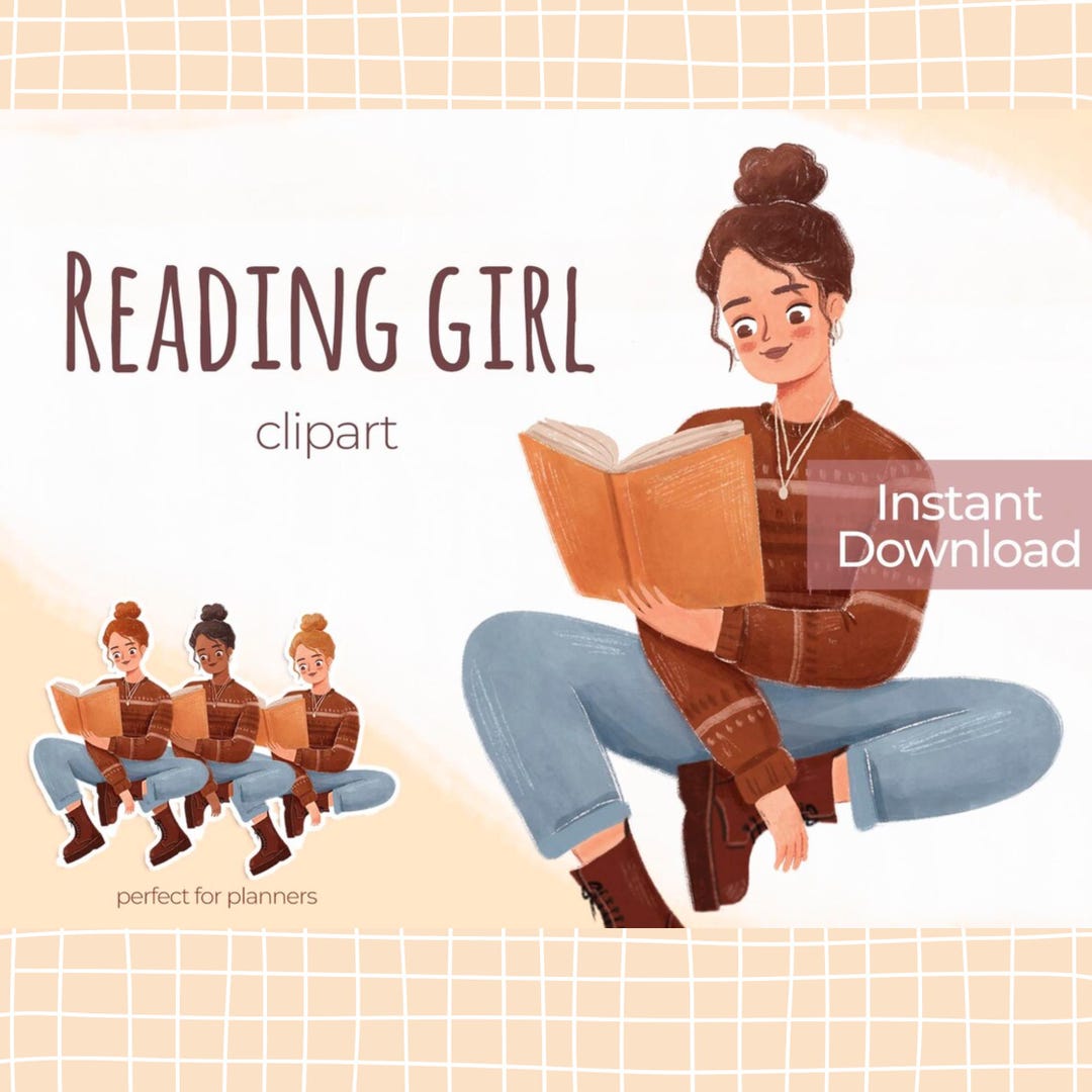 Book Lover Clipart. Bookworm Reading PNG. Cozy Planner Girl Clip Art ...