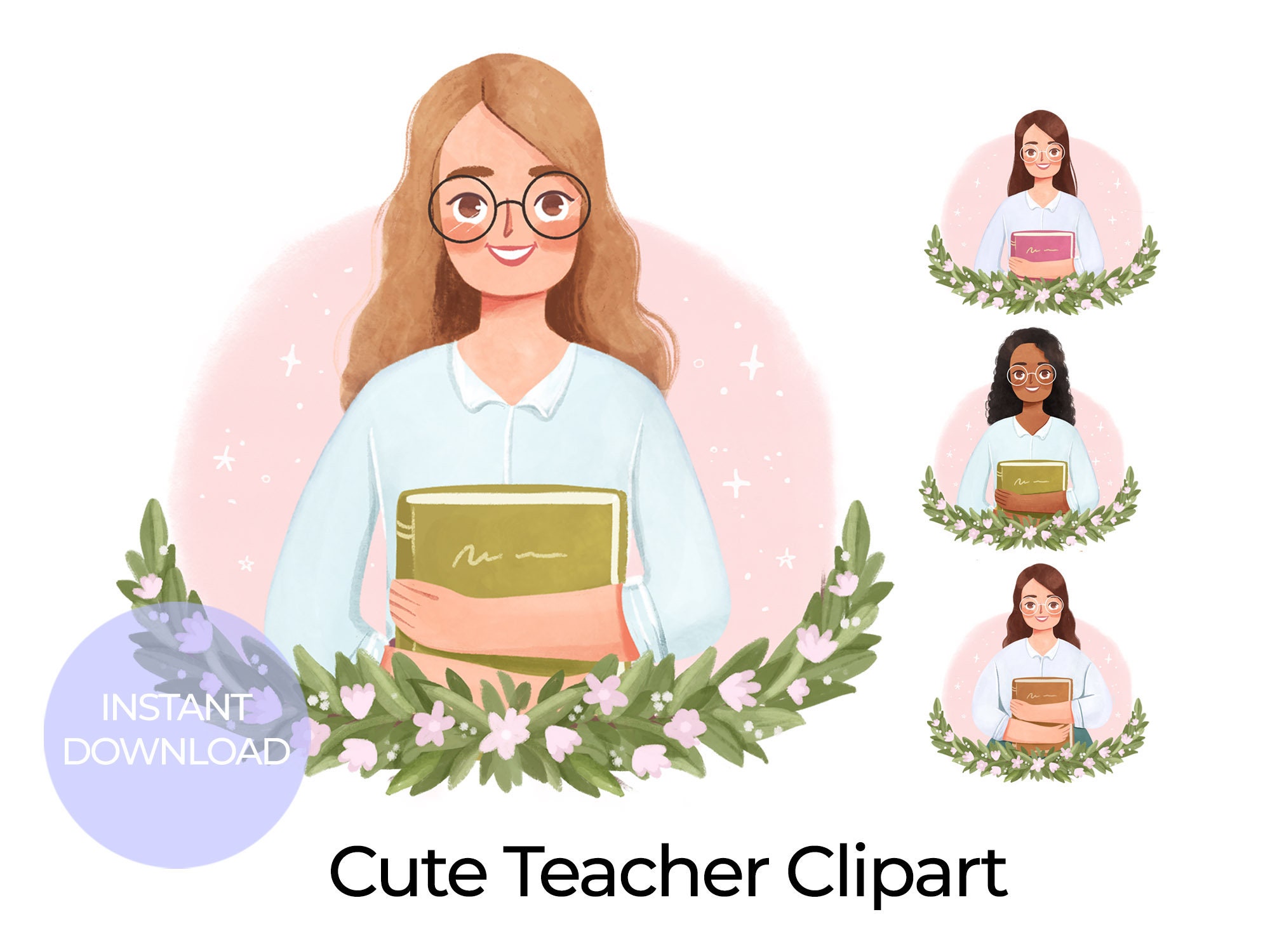 Cute Teacher Clipart Book Lover Illustration Teachers Etsy