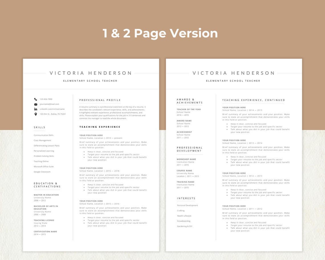 Teacher Resume Template, Teacher CV Template, Resume Template Word ...