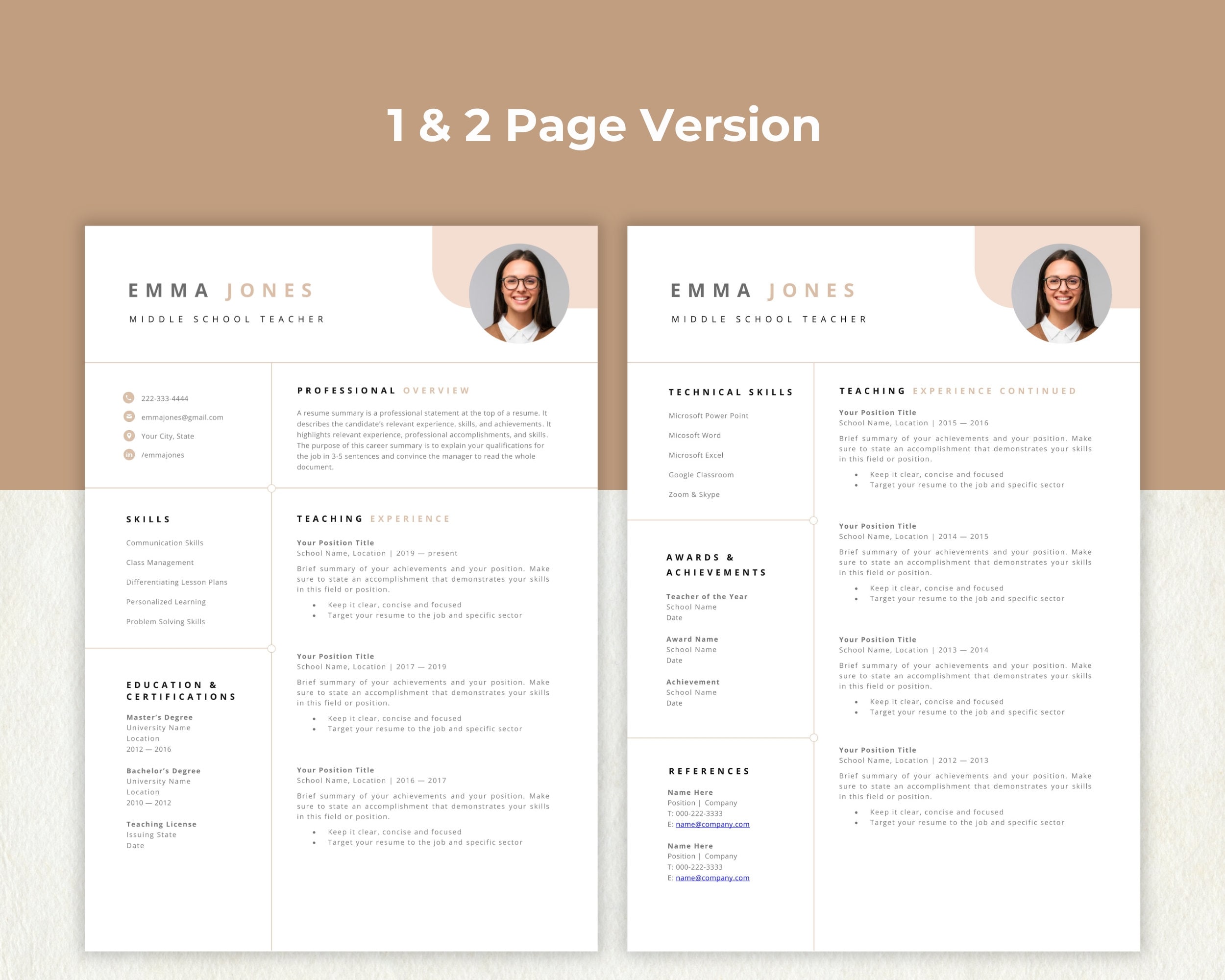 Teaching Resume for Word, Mac Pages, Google Docs Resume Template, CV ...