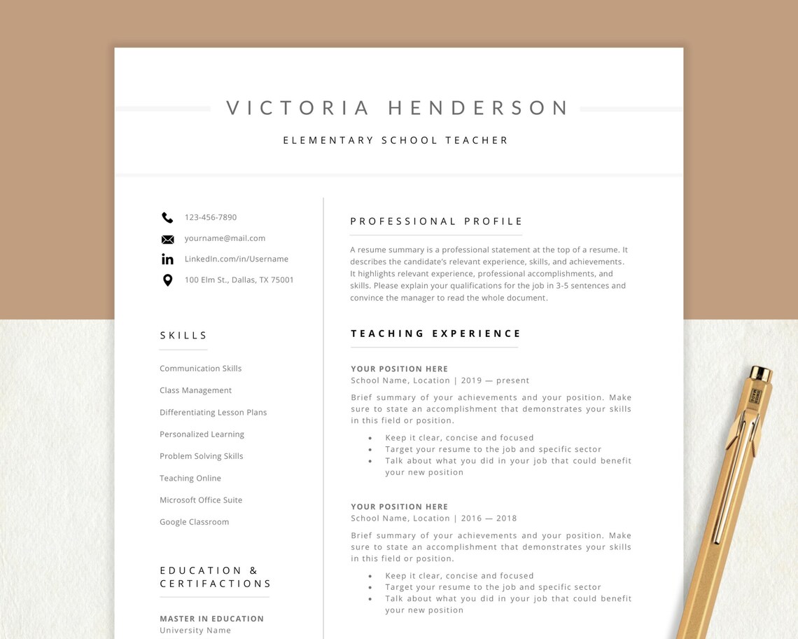 Teacher Resume Template, Teacher CV Template, Resume Template Word ...