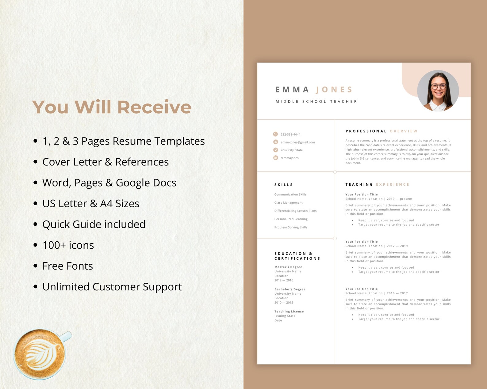Teaching Resume for Word, Mac Pages, Google Docs Resume Template, CV ...