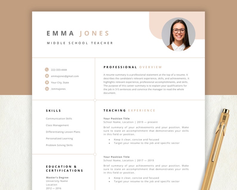 Teaching Resume for Word, Mac Pages, Google Docs Resume Template, CV ...