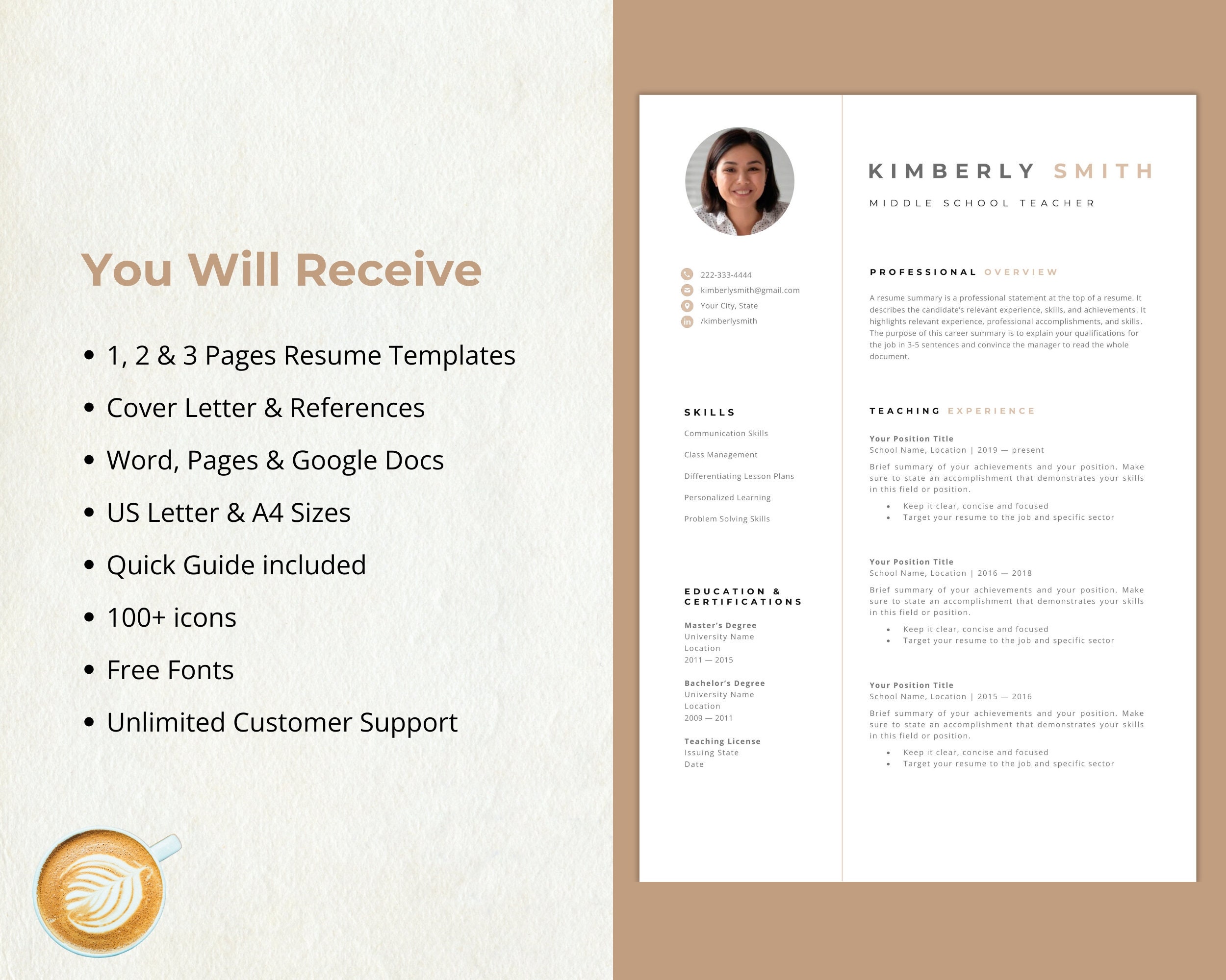 Teacher Resume Template Word, Pages, Google Docs, CV Teacher Resume ...
