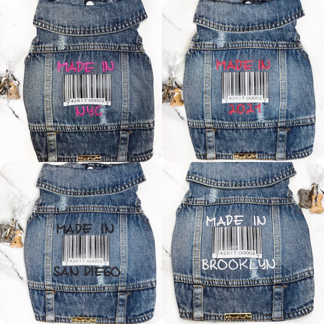 Personalized Dog Jean Jacket - Barcode Dog Jean Jacket - What Year or ...