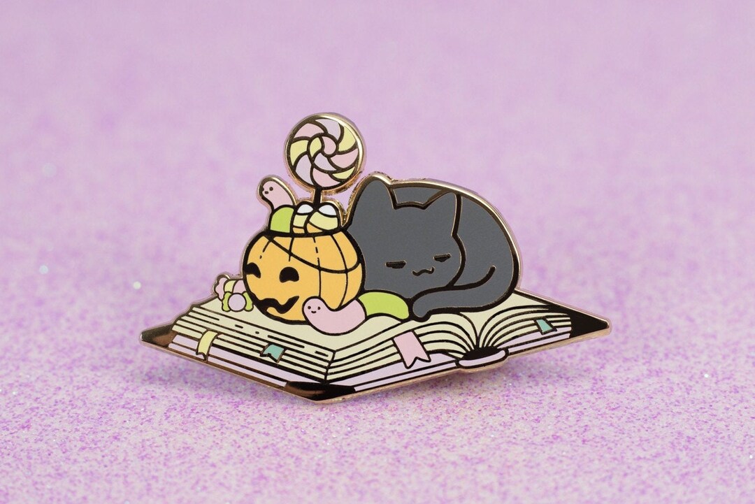 Sleepy Candy Cat N Book Pin | Kawaii Pastel Halloween Pin | Hard Enamel ...