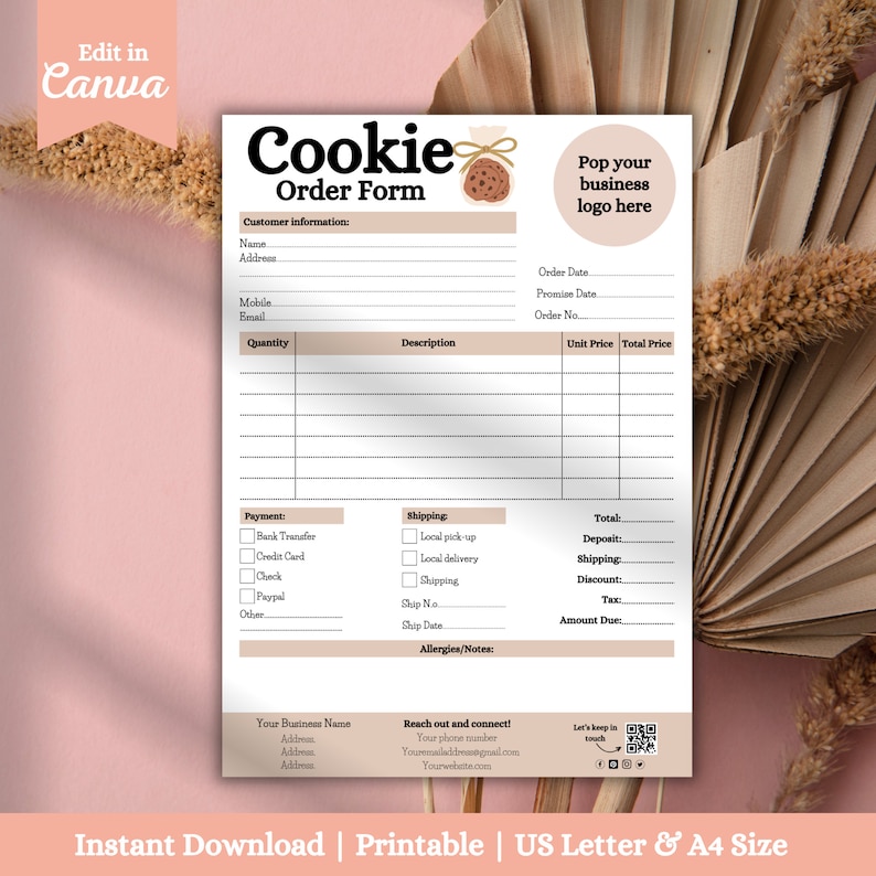 Cookie Order Form Template, Bakery Order Form Receipt, Small Business ...