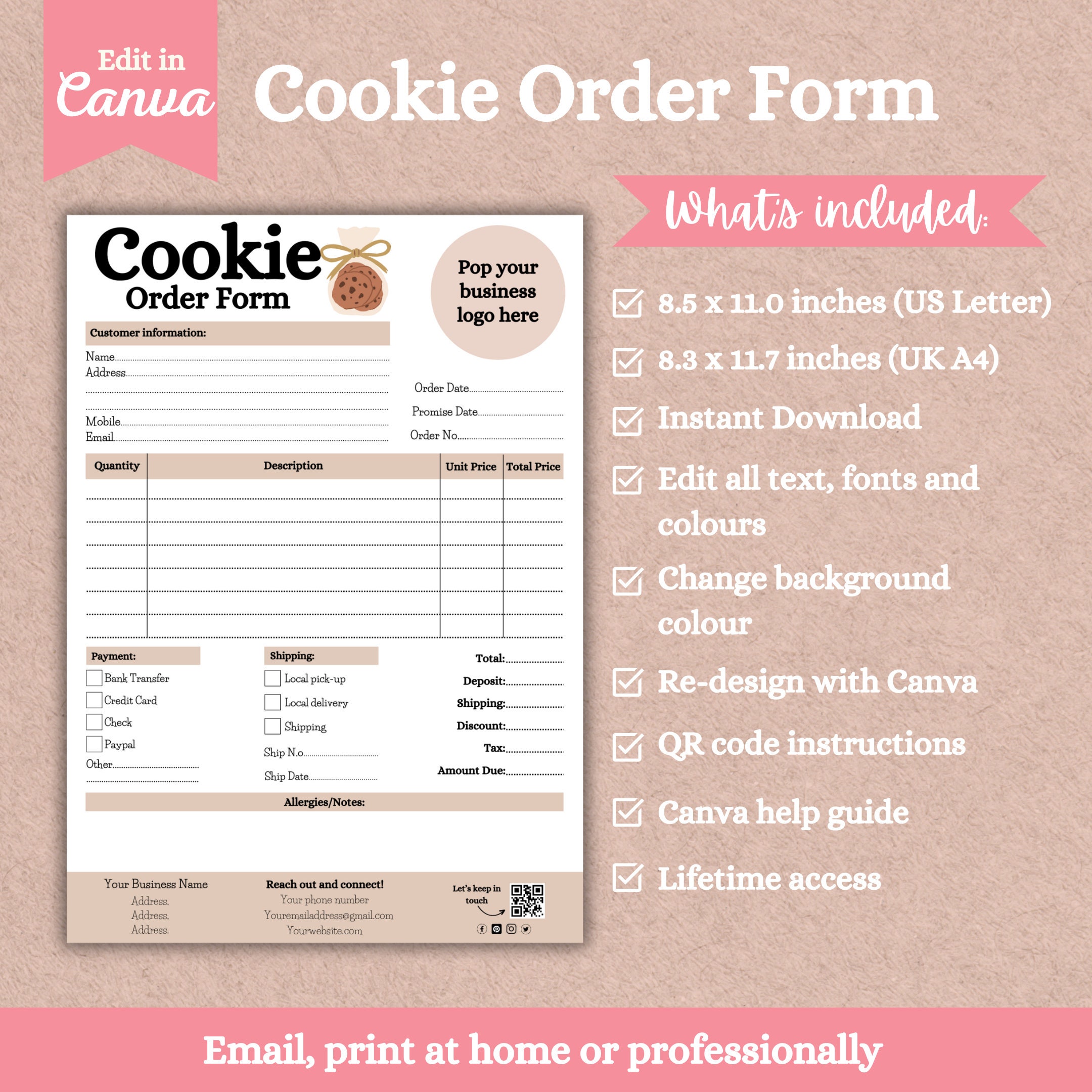 Cookie Order Form Template, Bakery Order Form Receipt, Small Business ...