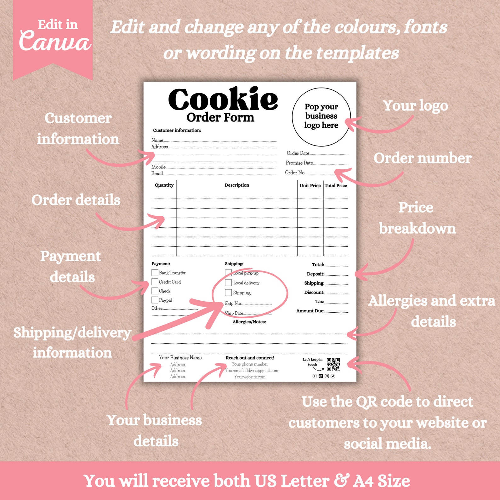 Cookie Order Form, Bakery Order Form Printable, Cake Order Form, Small ...