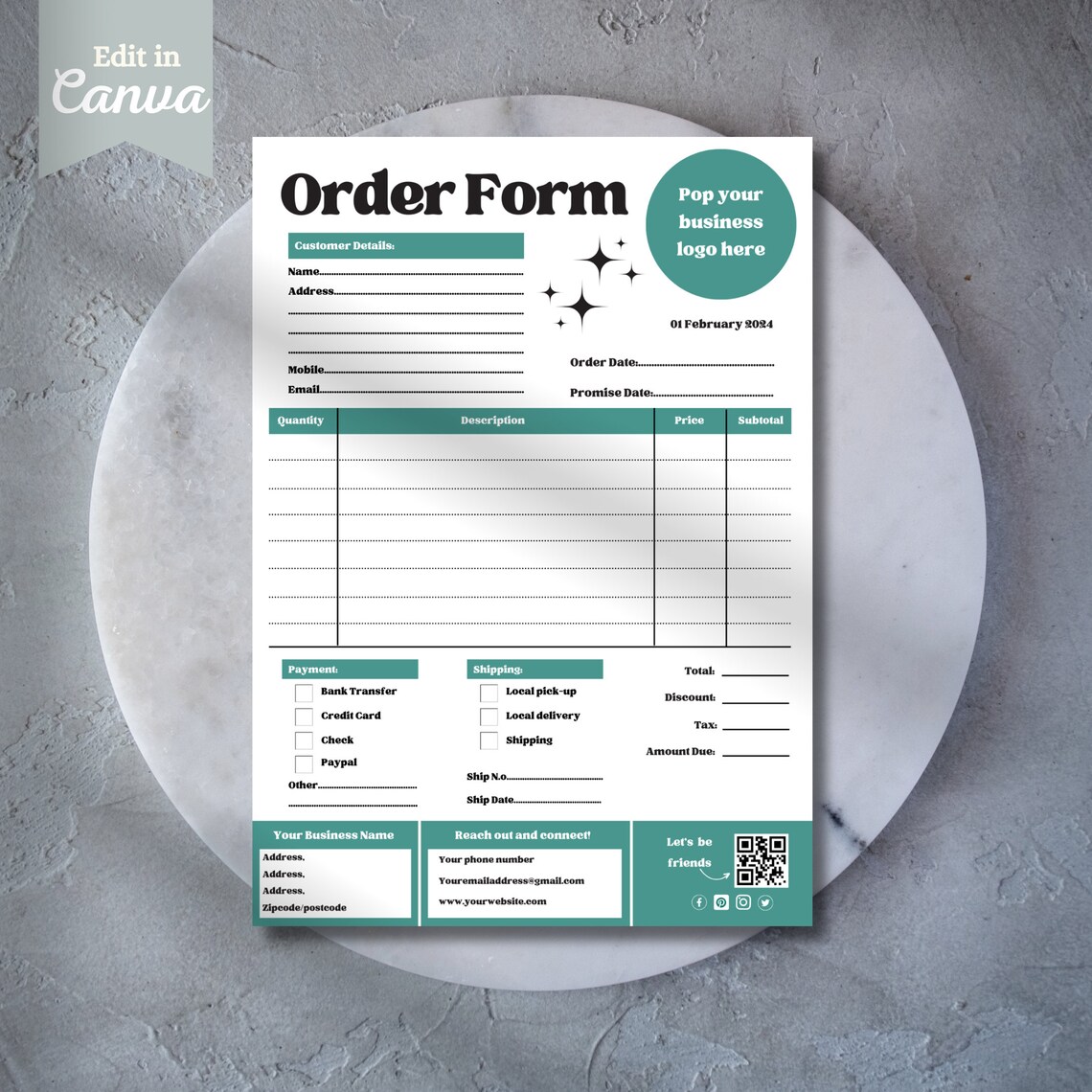 Order Form Template Editable, Purchase Order Form Template, Custom ...