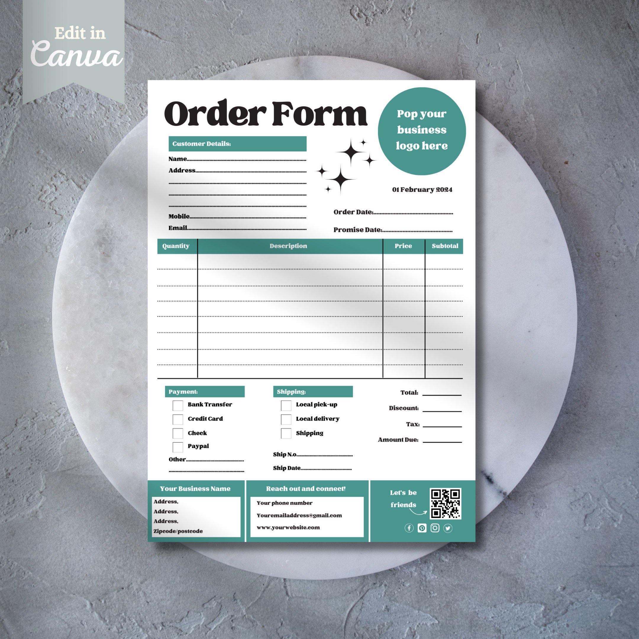 Order Form Template Editable, Purchase Order Form Template, Custom ...