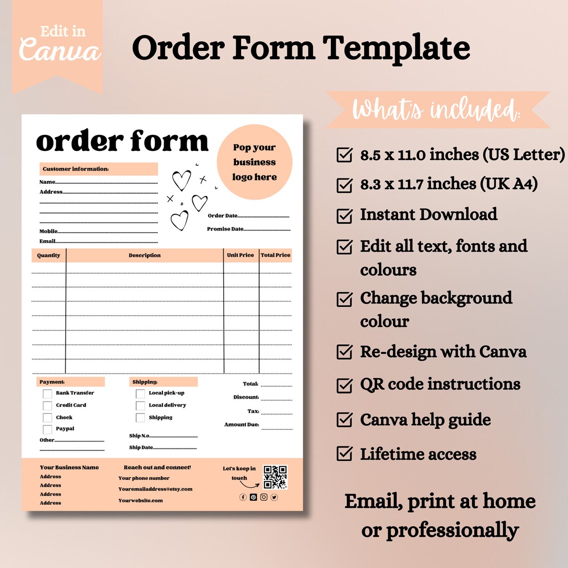 Order Form Template, Printable Receipt Template, Custom Order Form ...
