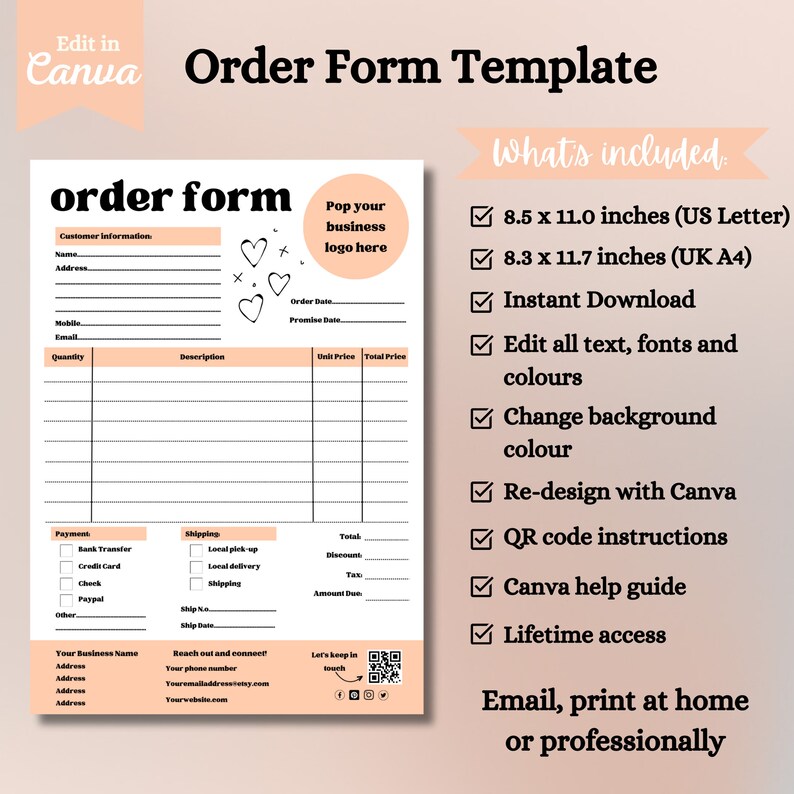 Order Form Template, Printable Receipt Template, Custom Order Form ...