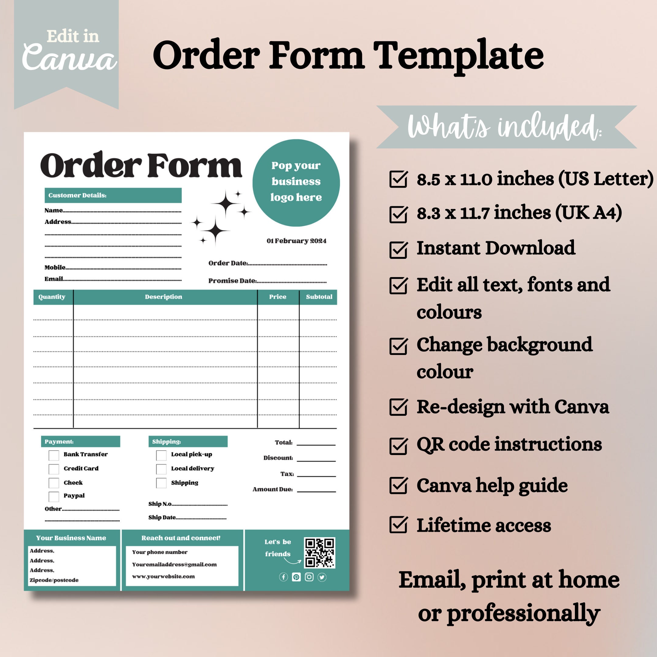 Order Form Template Editable, Purchase Order Form Template, Custom ...