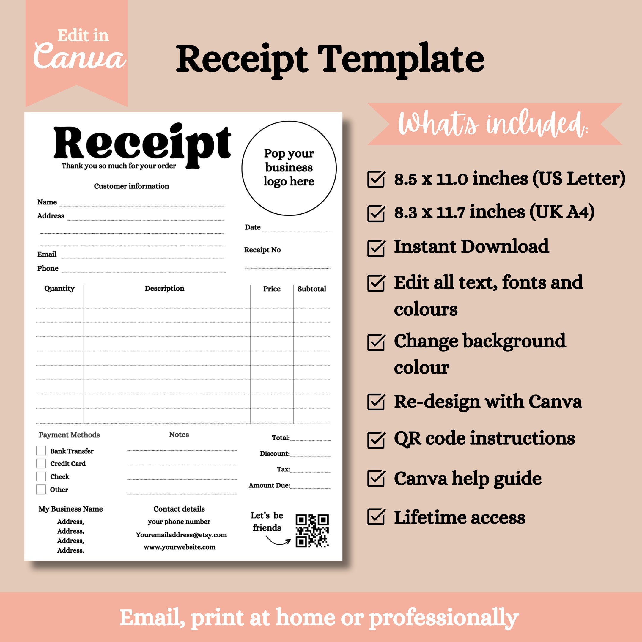 Editable Receipt Template, Printable Receipt Template, Order Form ...