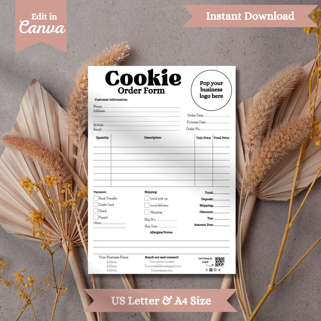 Cookie Order Form, Bakery Order Form Printable, Cake Order Form, Small ...