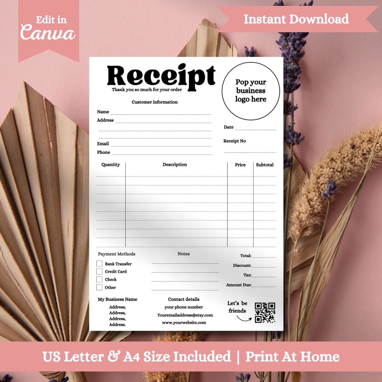 Editable Receipt Template, Printable Receipt Template, Order Form ...