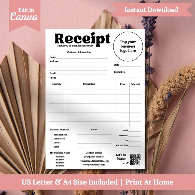 Editable Receipt Template, Printable Receipt Template, Order Form ...