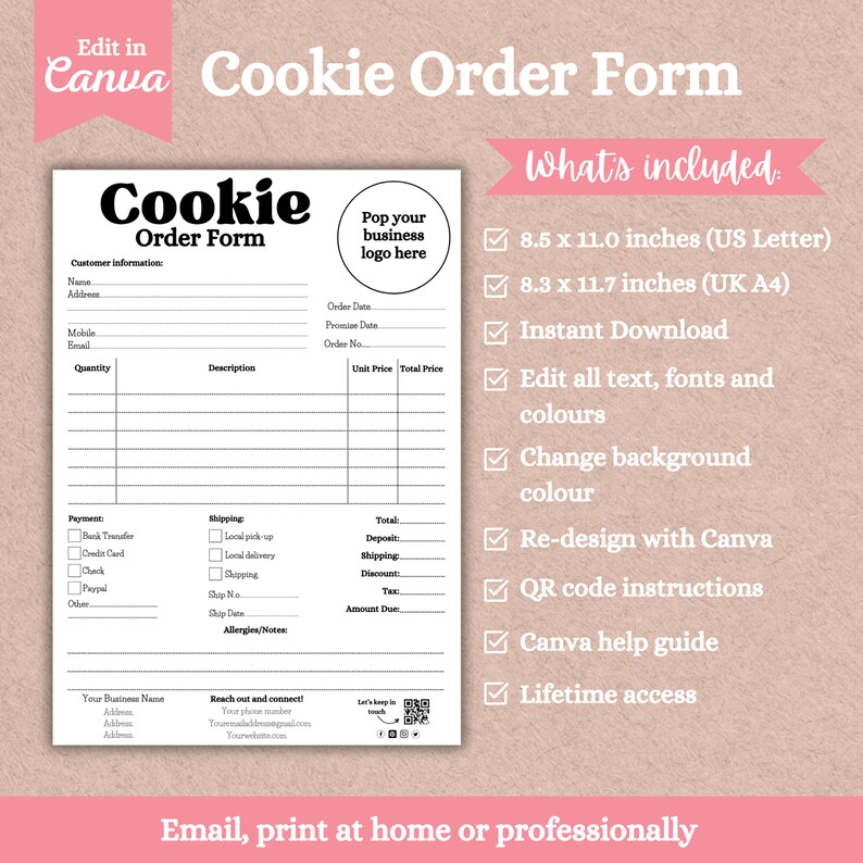 Cookie Order Form, Bakery Order Form Printable, Cake Order Form, Small ...