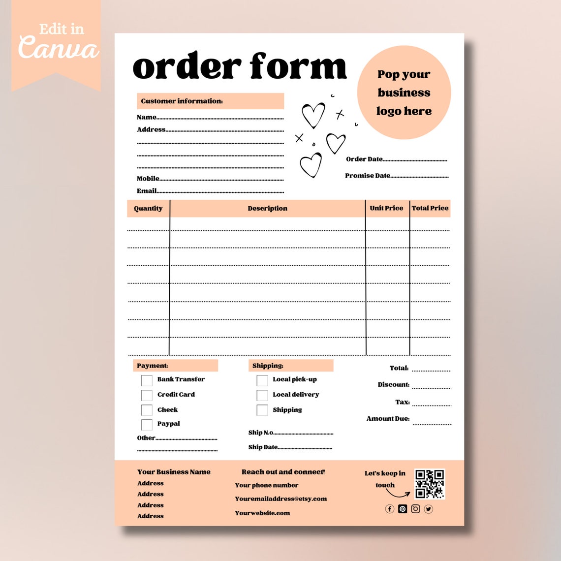 Order Form Template, Printable Receipt Template, Custom Order Form ...