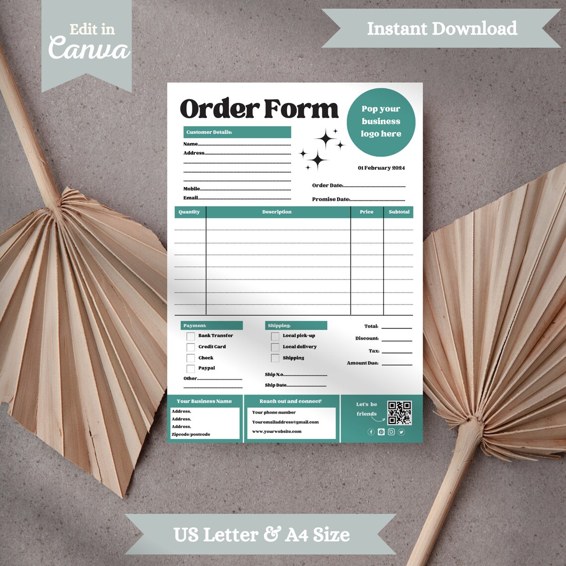 Order Form Template Editable, Purchase Order Form Template, Custom ...
