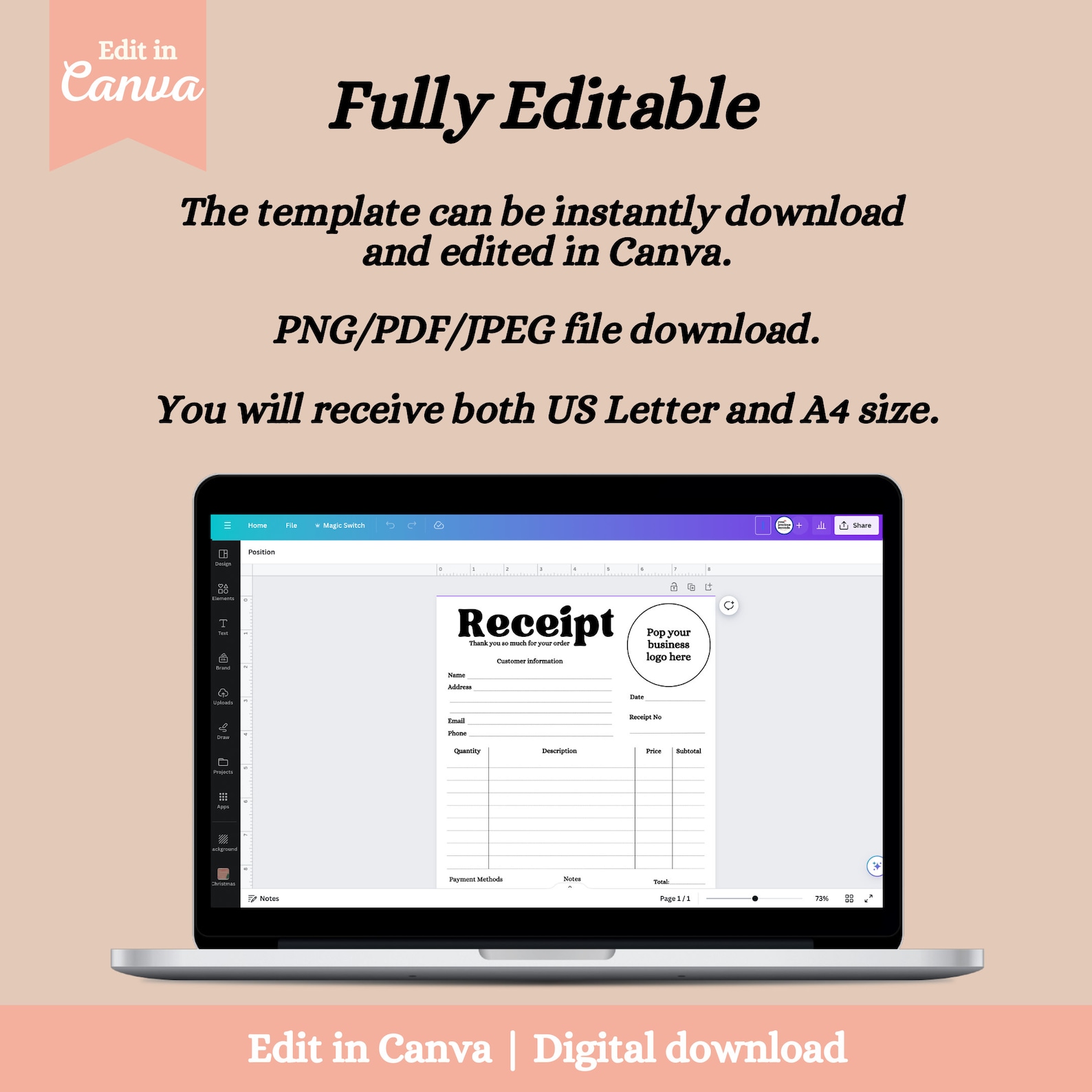 Editable Receipt Template, Printable Receipt Template, Order Form ...