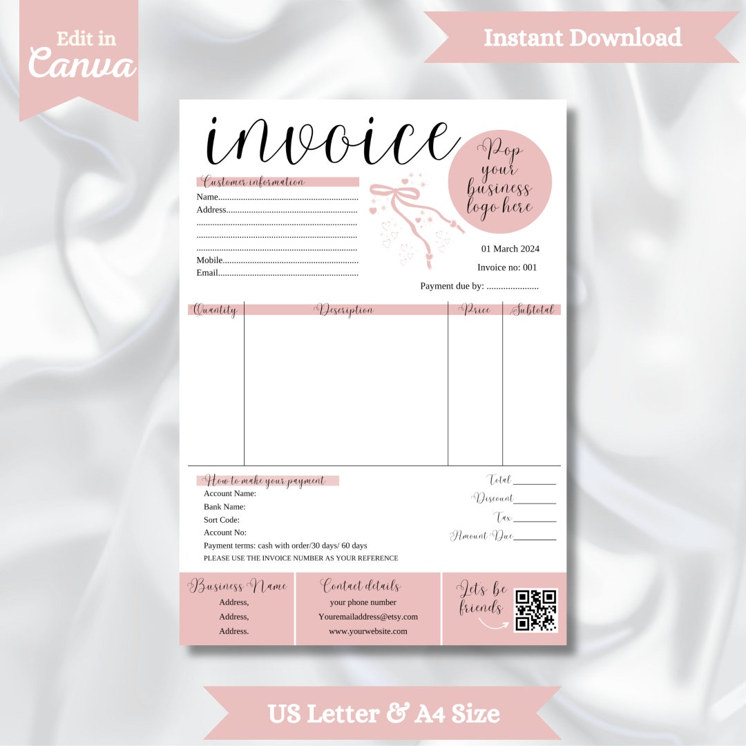Invoice Template Editable, Custom Order Form Printable, Coquette Bow ...