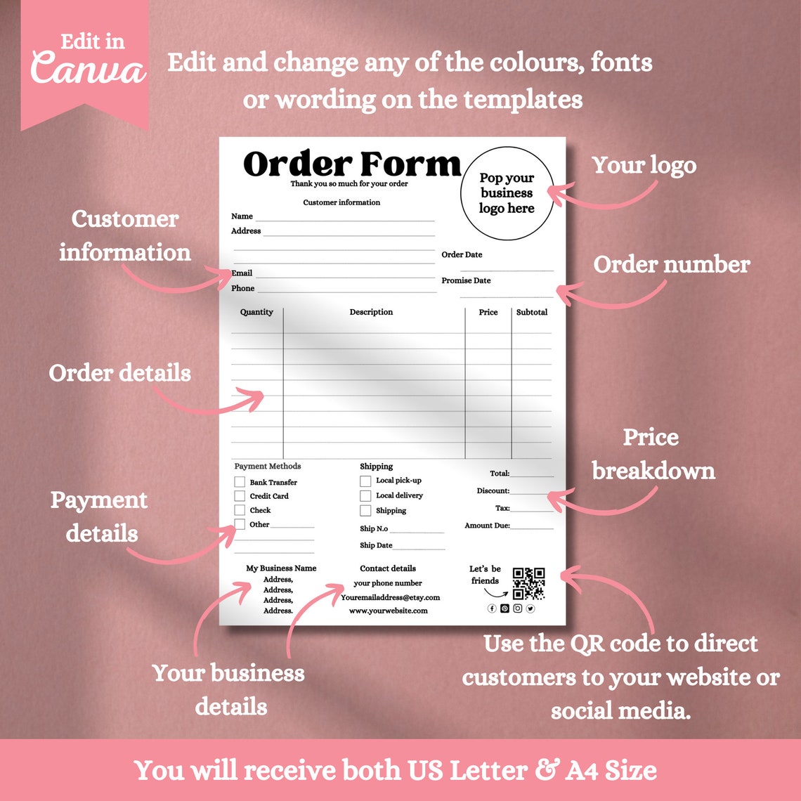 Custom Order Form Template, Fillable Order Form Bundle, Printable Small ...