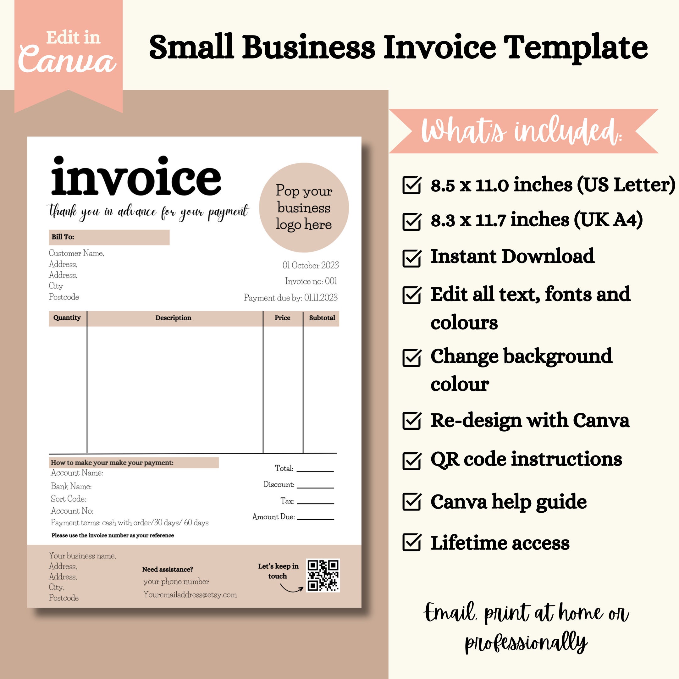 Invoice Template Editable, Small Business Custom Order Form Printable ...