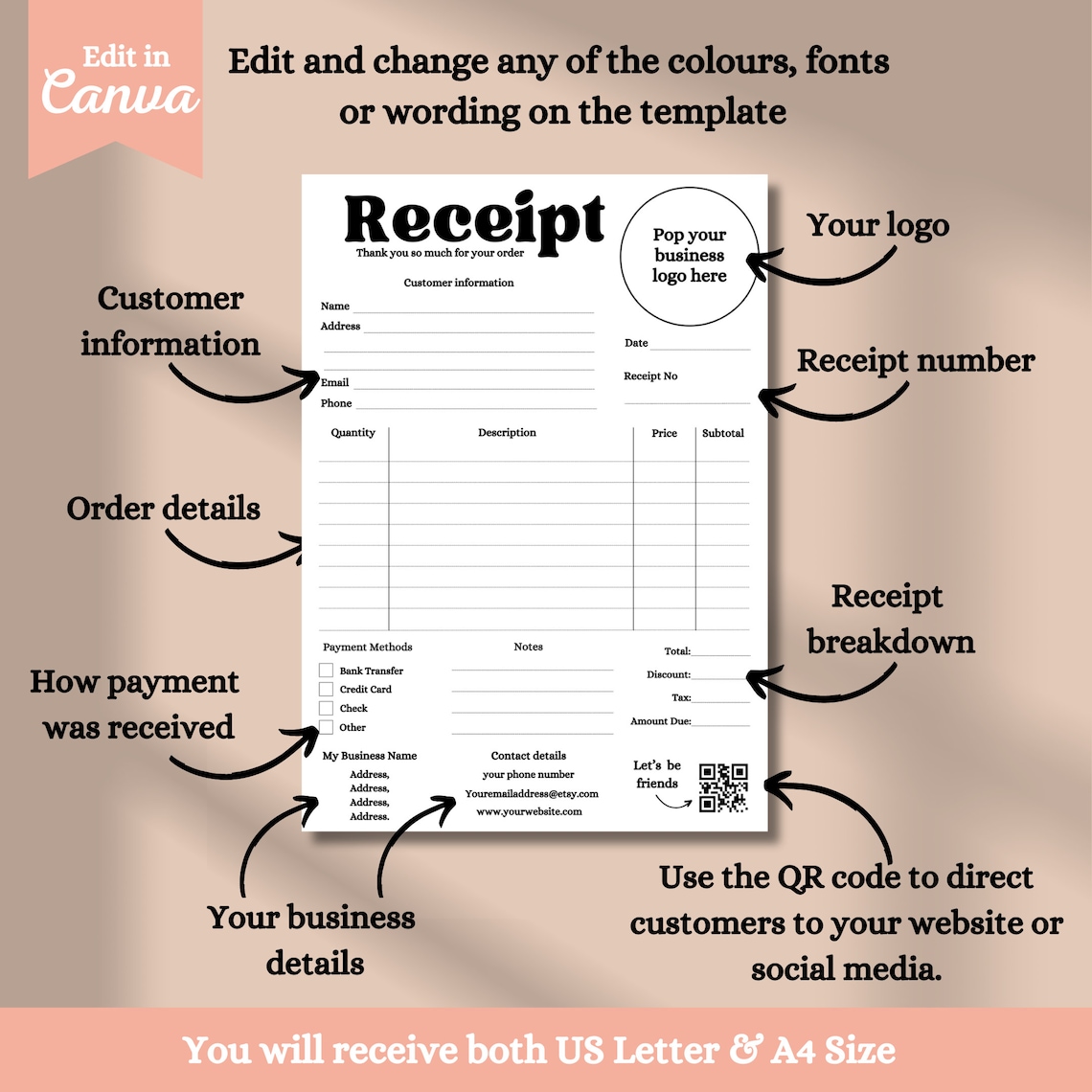 Editable Receipt Template, Printable Receipt Template, Order Form ...