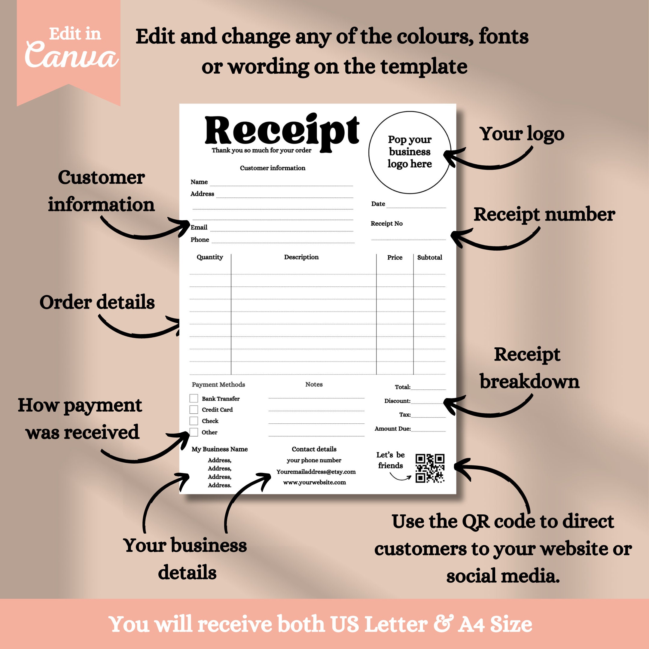 Editable Receipt Template, Printable Receipt Template, Order Form ...