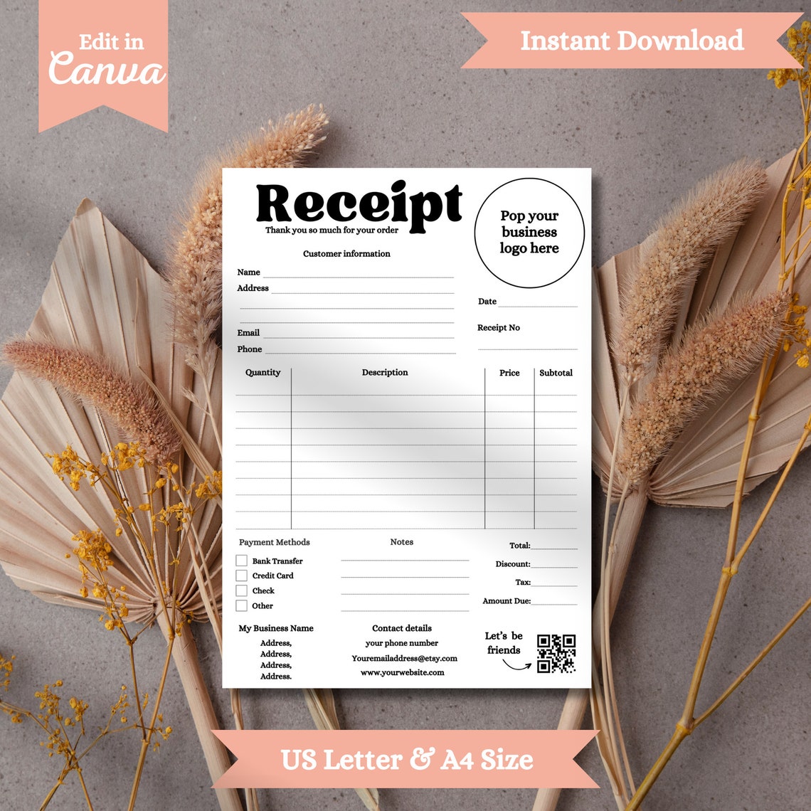 Editable Receipt Template, Printable Receipt Template, Order Form ...