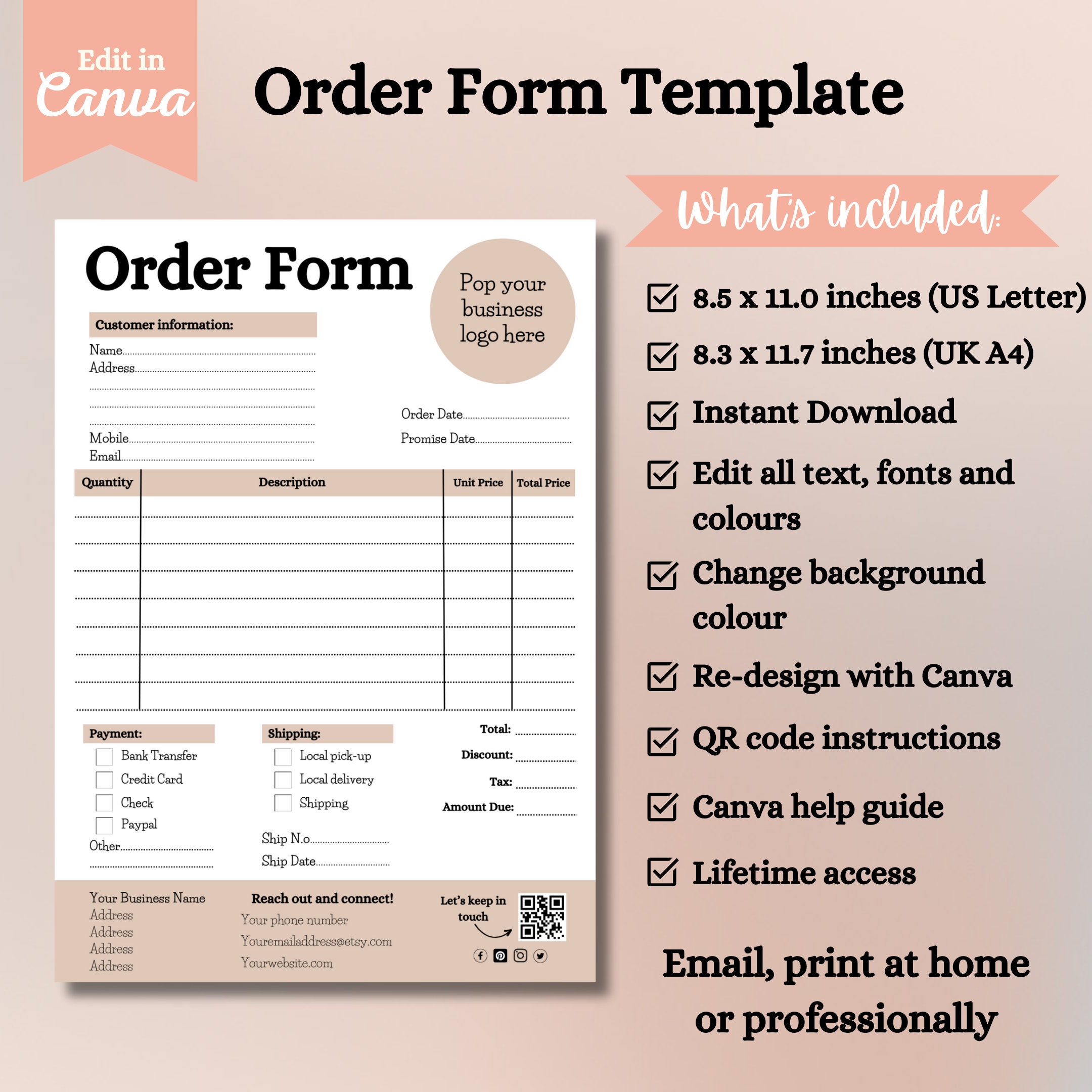 Custom Order Form Template, Printable Receipt Template, Order Form ...