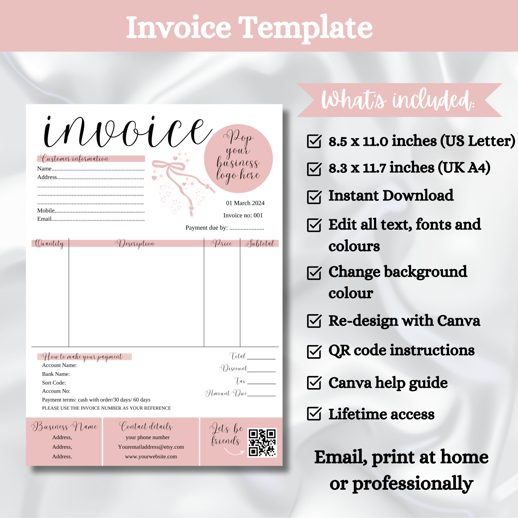Invoice Template Editable, Custom Order Form Printable, Coquette Bow ...