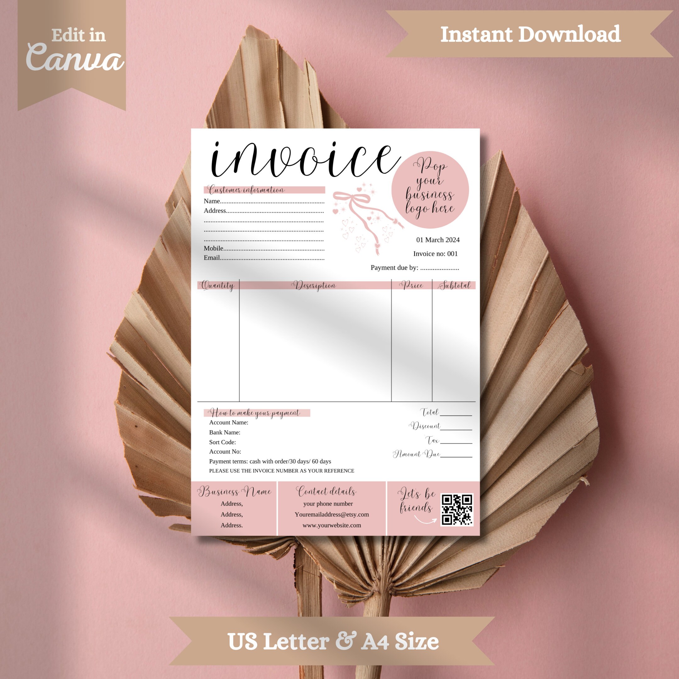 Invoice Template Editable, Custom Order Form Printable, Coquette Bow ...